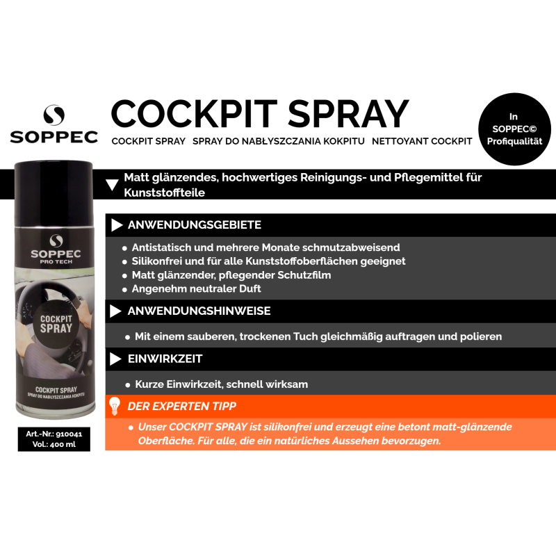 Cockpit spray, Cleaner for synthetic materials | SOPPEC - Technima Central